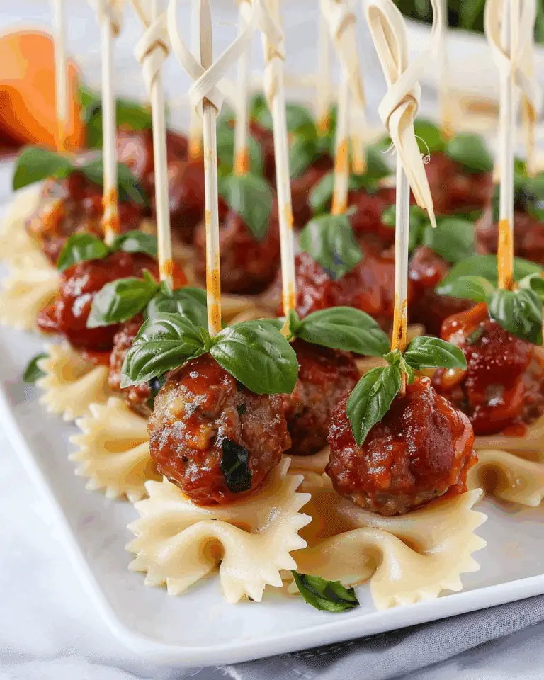 Bowtie Pasta and Cocktail Meatball Skewers | Just So Savory