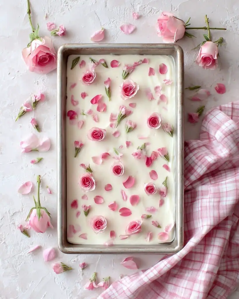 Rose Poke Cake with Rosewater Cream and Edible Roses