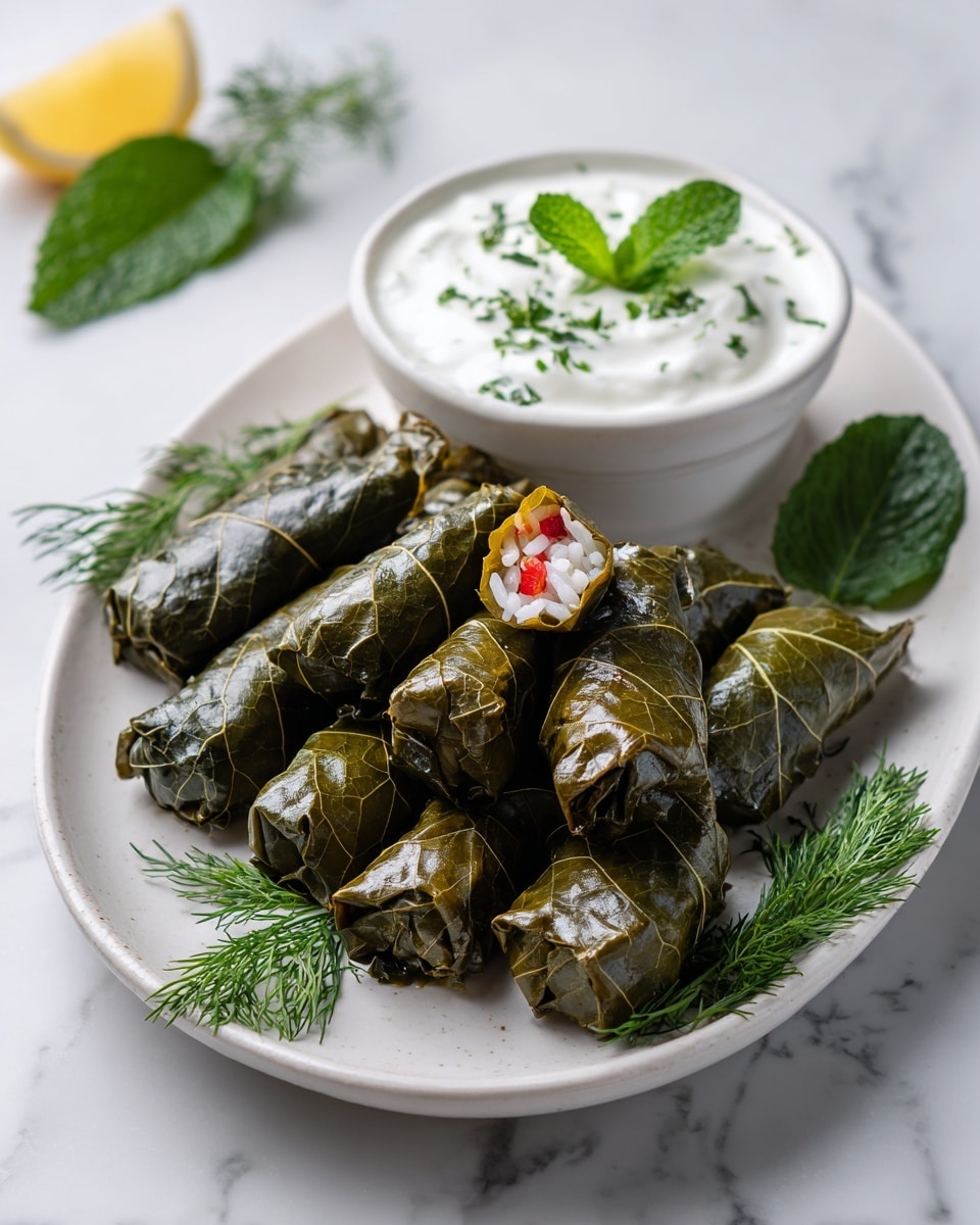 Dolmadakia-Stuffed Grape Leaves with Greek Yogurt Sauce | Delicious ...